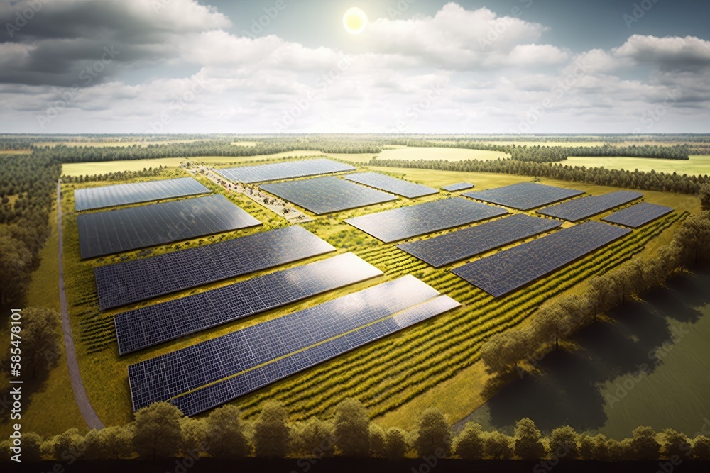 Solar Farm. Green Fields Blue Sky, Sustainable Renewable Energy. Solar ...