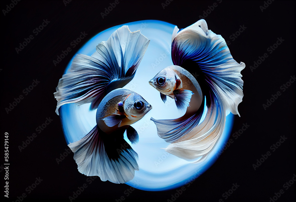 Two beautiful fish with magnificent long tails swim in a circle on a ...