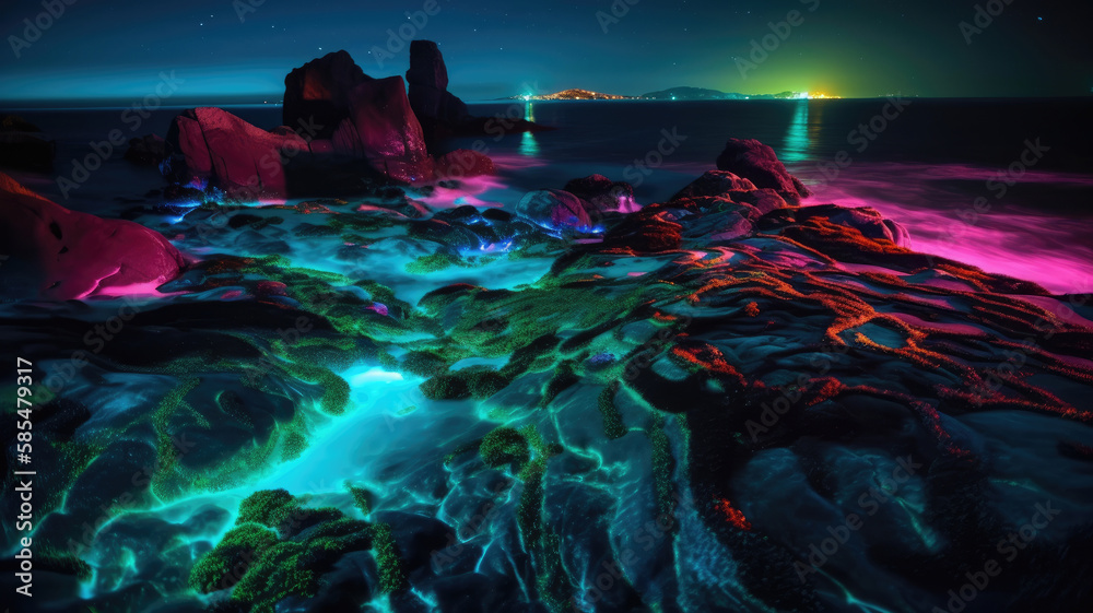A neon ocean where the waves crash against glowing rocks on the shore ...