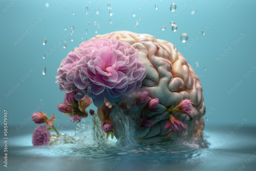 Brain emerging from water adn flowers, water saving concept, clean ...