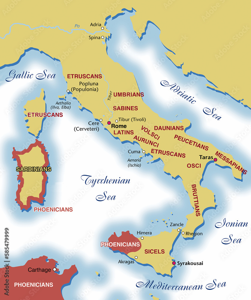 Historical map with the main populations present in Italy in the year ...