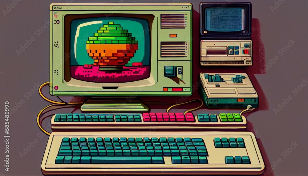 Create a retro computer setup with a CRT monitor, beige keyboard, and colorful pixel art on the ...
