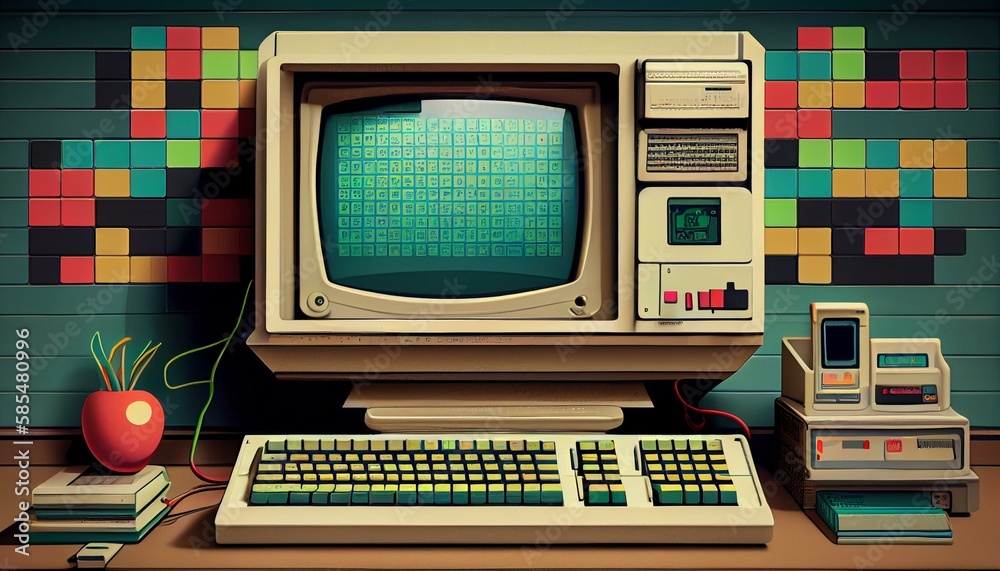 Create a retro computer setup with a CRT monitor, beige keyboard, and colorful pixel art on the ...