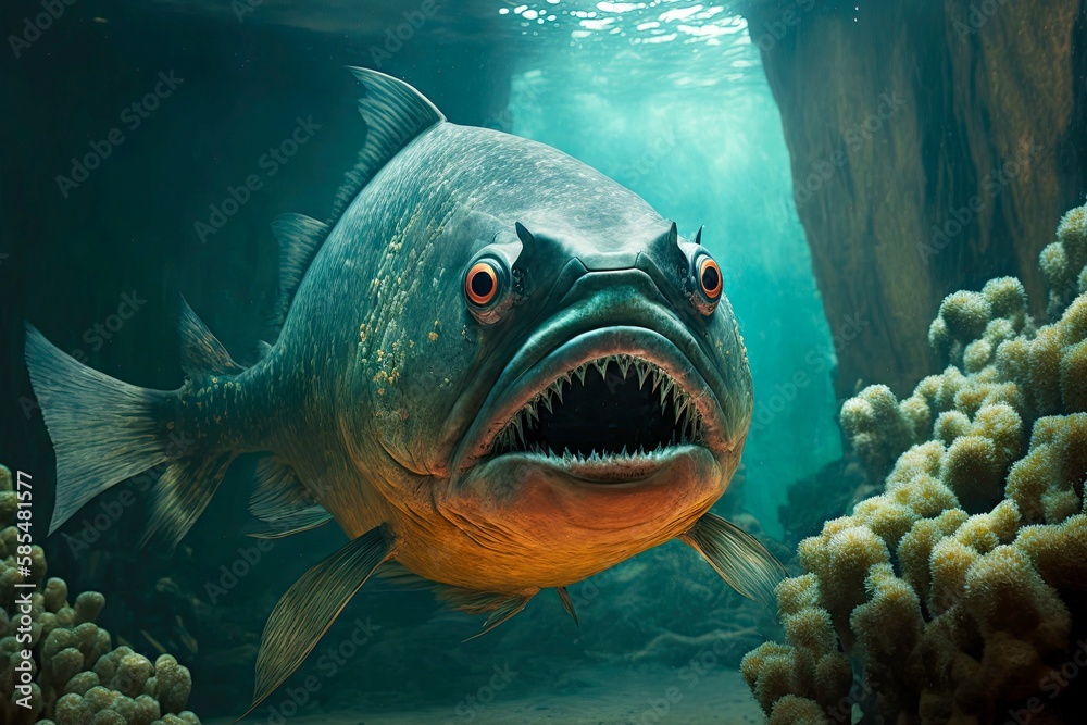 Predatory aggressive piranhas has opened its mouth wide and is ...