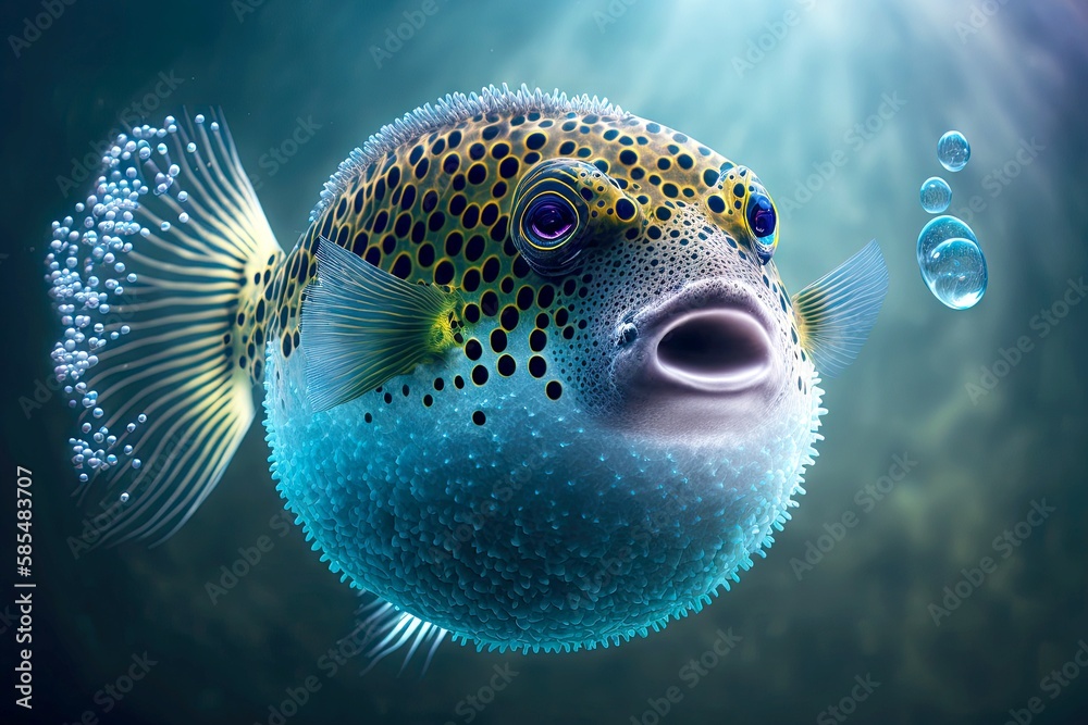 Round as ball puffer fish floats in clear water of sea, created with ...