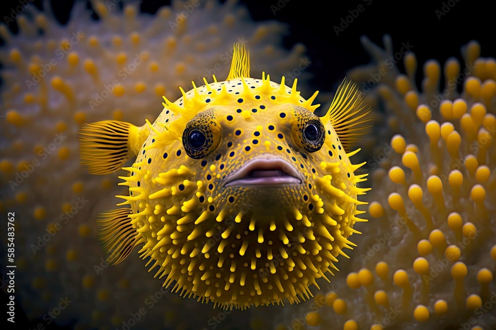 Round poisonous puffer fish with spikes all over body on dark ...