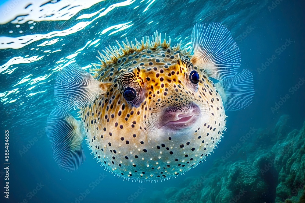 Balloon-like inflated puffer fish in blue seawater, created with ...