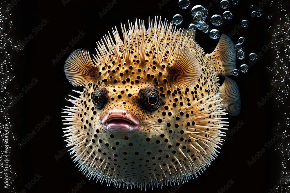 Swollen puffer fish with spikes on mottled body isolated against dark ...