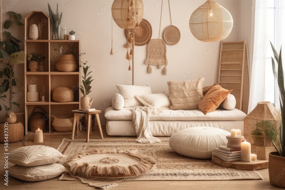 Boho chic meditation room with beige chaise couch, carpet, rattan pouf ...