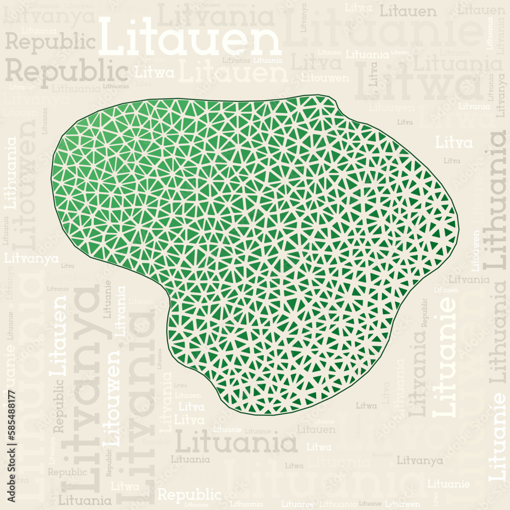 LITHUANIA map design. Country names in different languages and map ...