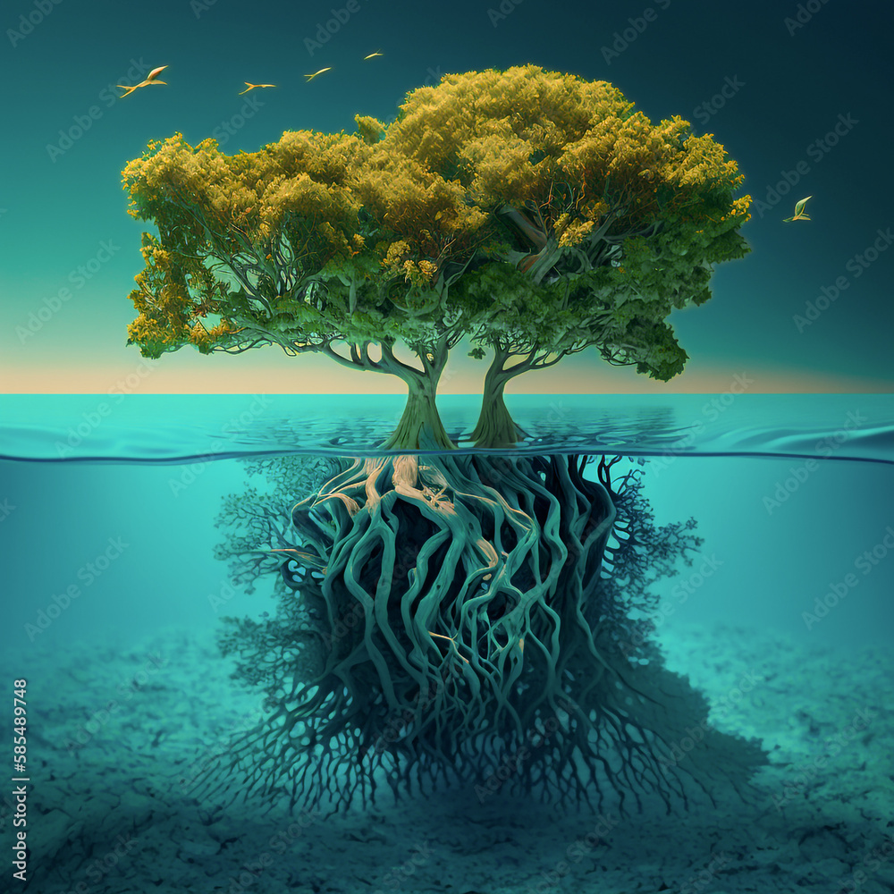 Generative AI. Illustration of tree with roots submerged in water. Save ...