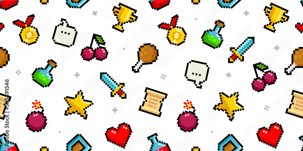 Geek Retro Game vector seamless pattern. Pixel icons in vintage 8 bit ...