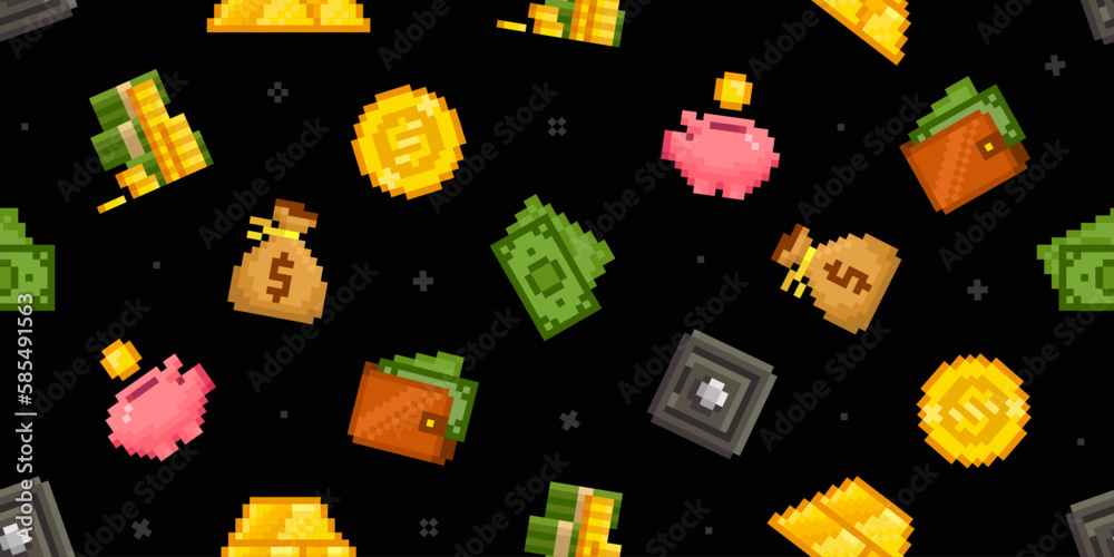 Geek Pixel Art Cash Money background. Pixel Wallet with banknotes and ...