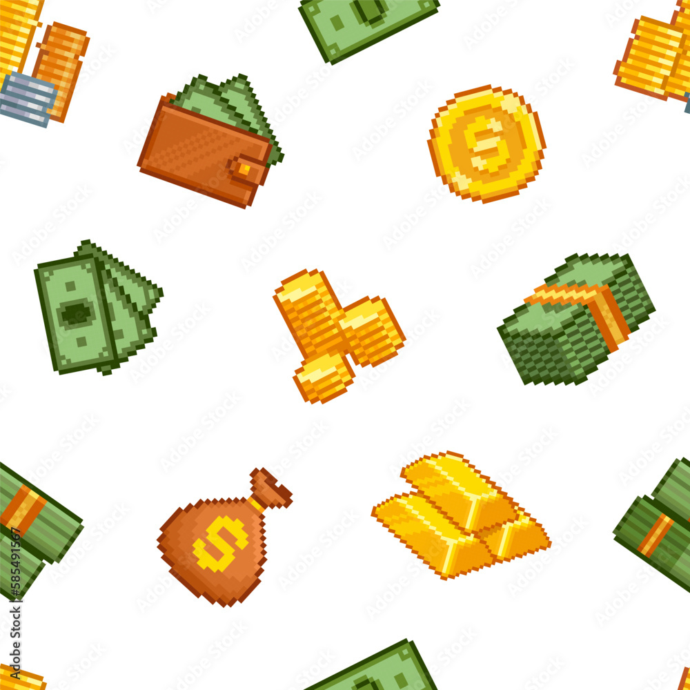 Geek Pixel Art Cash Money seamless pattern. 8-bit Pixel Wallet with ...