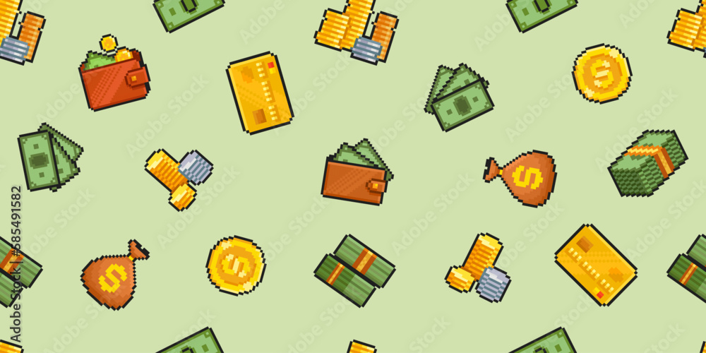 Geek Pixel Art Cash Money seamless pattern. 8-bit Pixel Wallet with ...