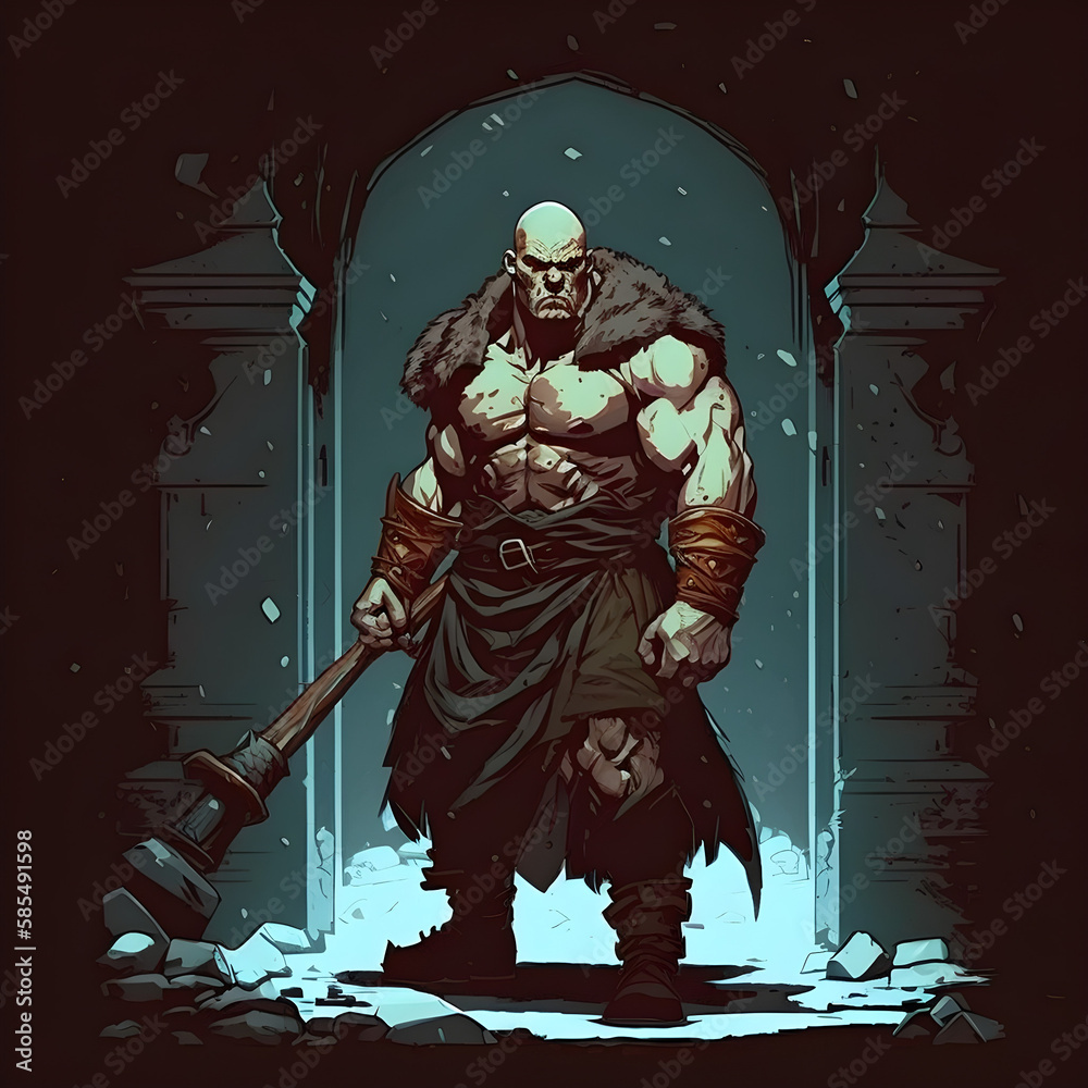 anime style, huge muscular bald gray skinned man with no beard, long ...