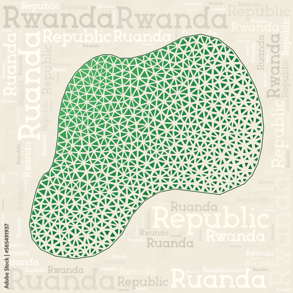 RWANDA map design. Country names in different languages and map shape ...