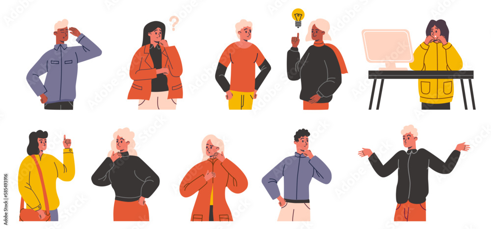 Vektorová grafika „Thoughtful characters. Cartoon concerned people ...