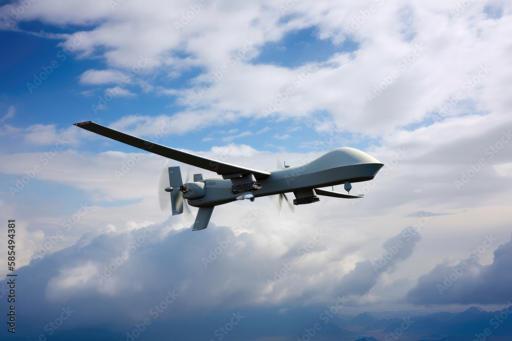 Military reconnaissance drone flies high in the sky. Created with ...