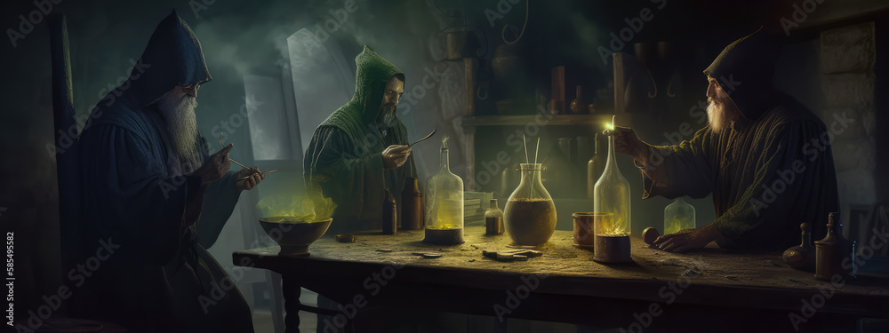 Medieval alchemists brewing potions in a dark laboratory. Mystical ...