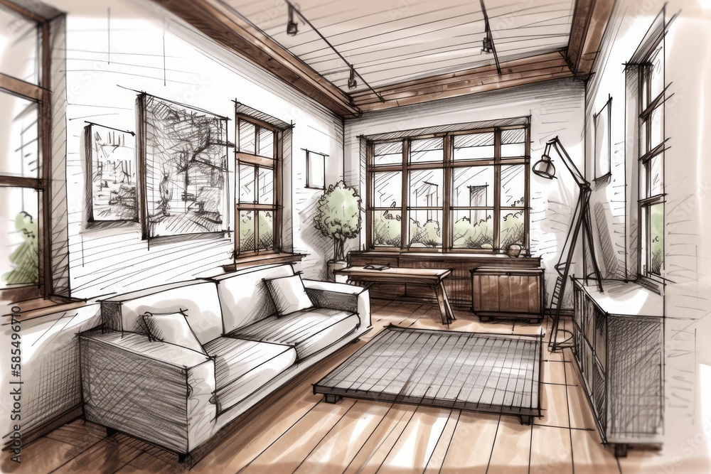 Architect interior designer concept hand drawn draft incomplete idea ...