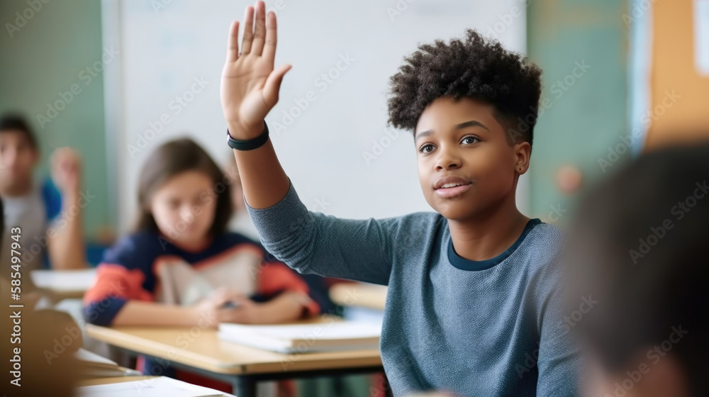 Black Middle or Elementary School Student Boy, Raising Hand In ...