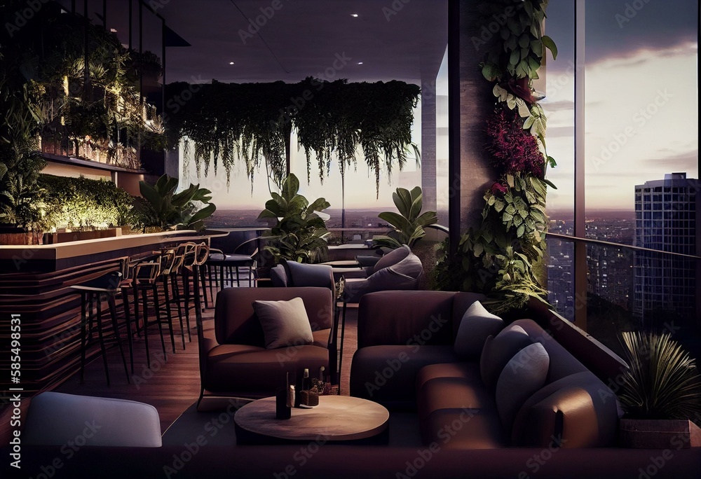 A sleek and modern rooftop bar with breathtaking city views, featuring ...