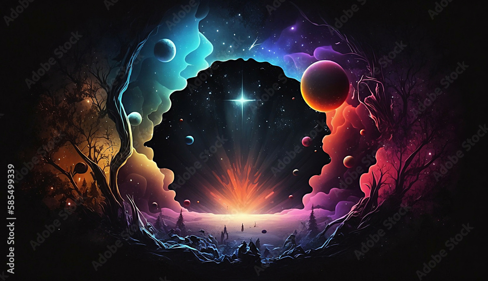 alien planet and space abstract background with circles retro neon ...