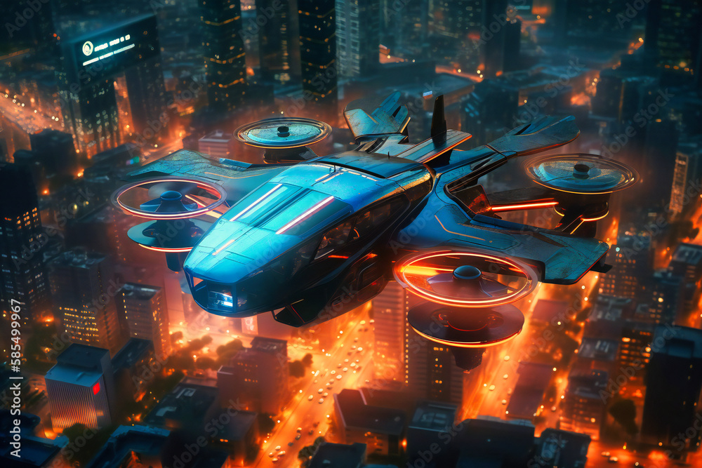 Gliding effortlessly above a city of tomorrow, the flying car soars ...