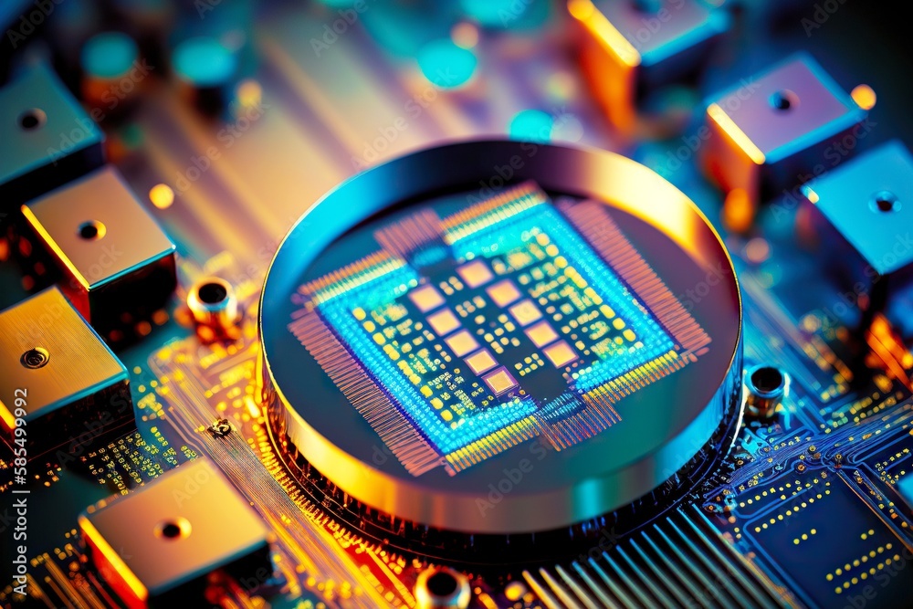 Board with microchips circuits and nanoelectronics wafer semiconductor ...