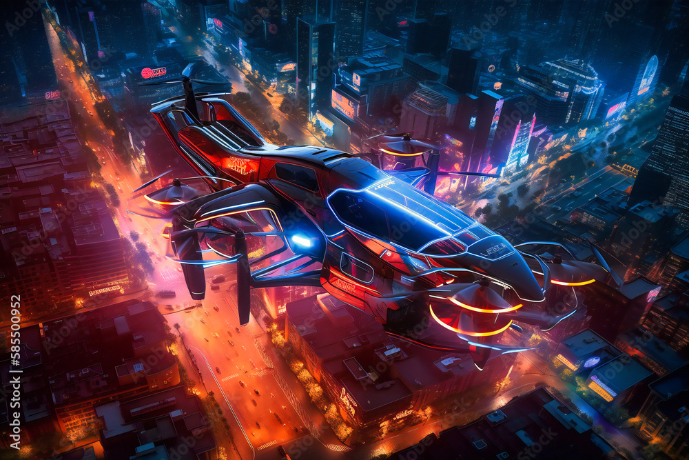 Soaring above the city's pulsating energy, the innovative flying car ...