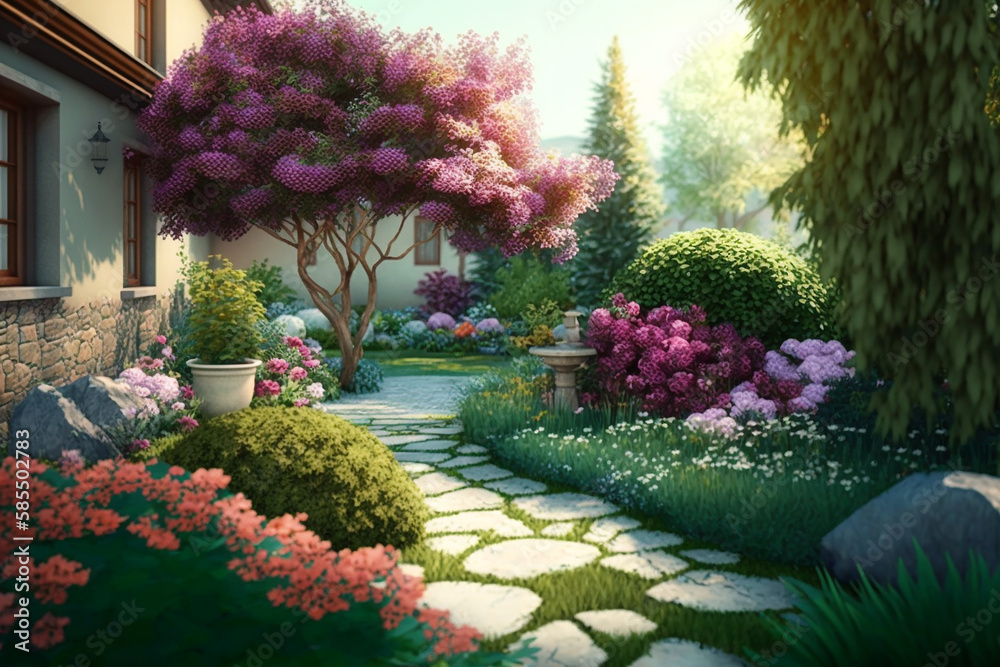 Garden design in spring with flowering trees, shrubs and plants. AI ...