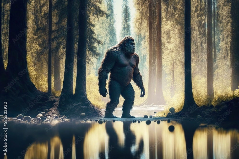 Huge bigfoot walks through water among thick tall trees, created with generative ai Stock ...