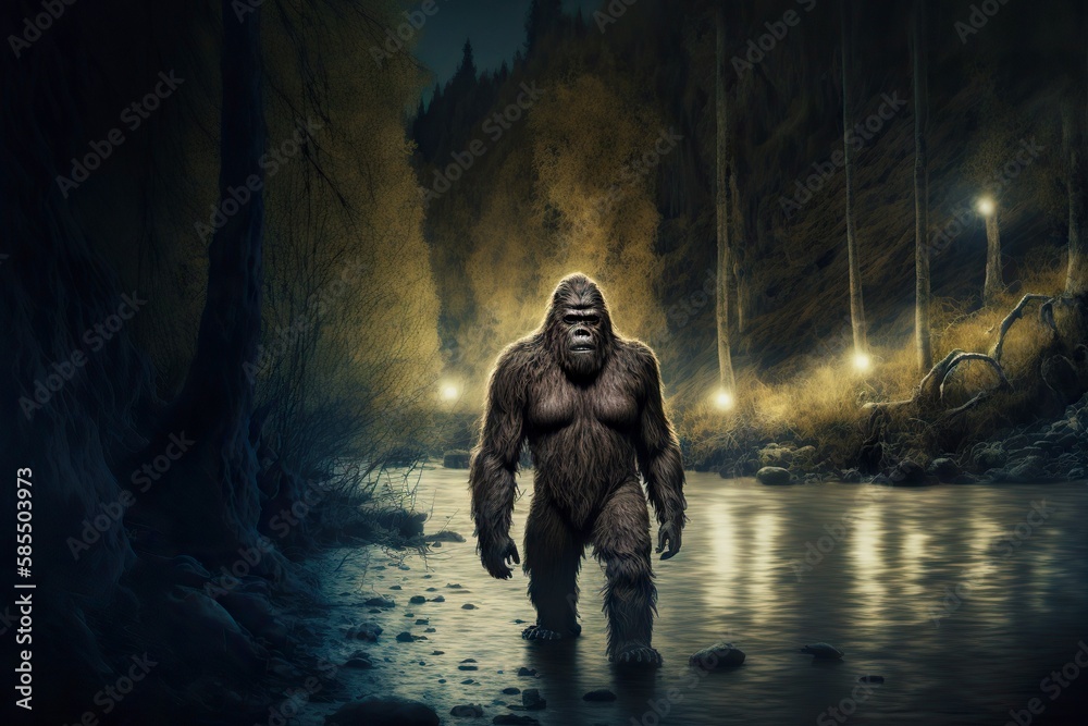 Muscular bigfoot stands in dense forest in middle of shallow river, created with generative ai ...