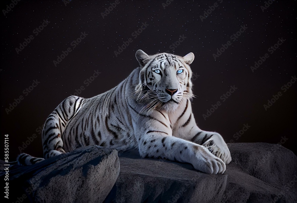 a white tiger with blue eyes laying on a rock in the dark night sky ...