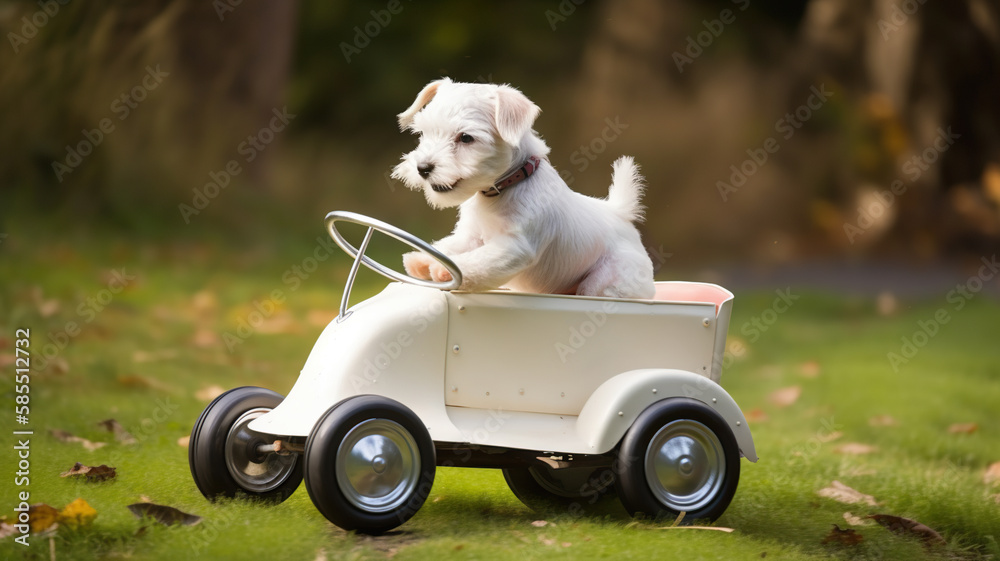 A puppy dog driving a vintage pedal car. Generative ai and digital ...