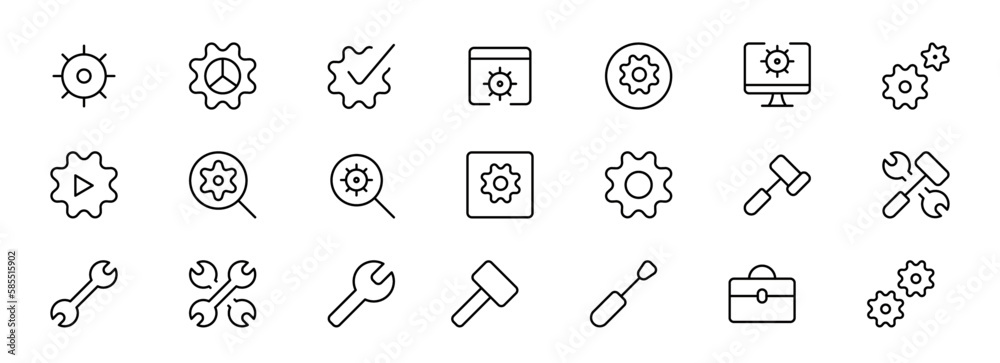 Gear, cogwheel line icons set. App settings button, slider, wrench tool, fix concept minimal ...