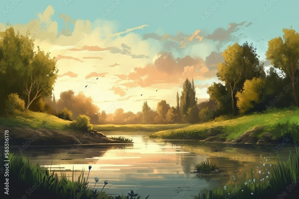 Sunset over the river. Simple flat cartoon illustration created with ...