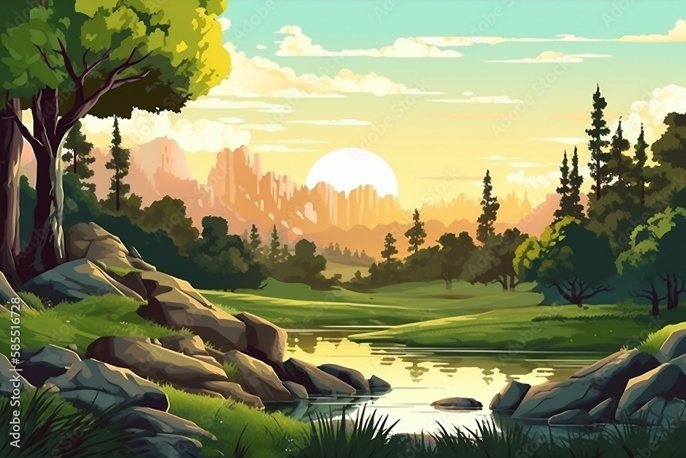 Beautiful morning in the forest. Simple flat cartoon illustration ...