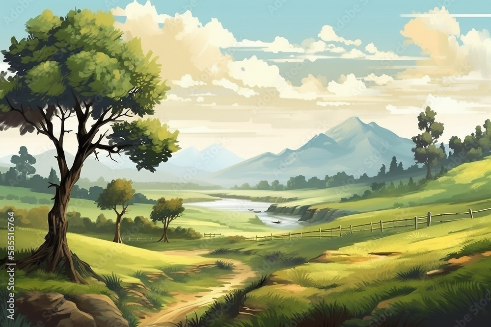 Beautiful rural landscape with river and mountains. Simple flat cartoon ...