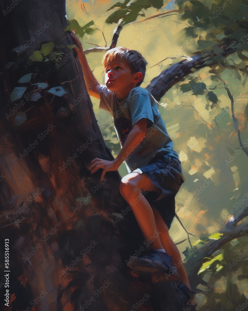 closeup view adorable years old boy climbing tree and cover art ...
