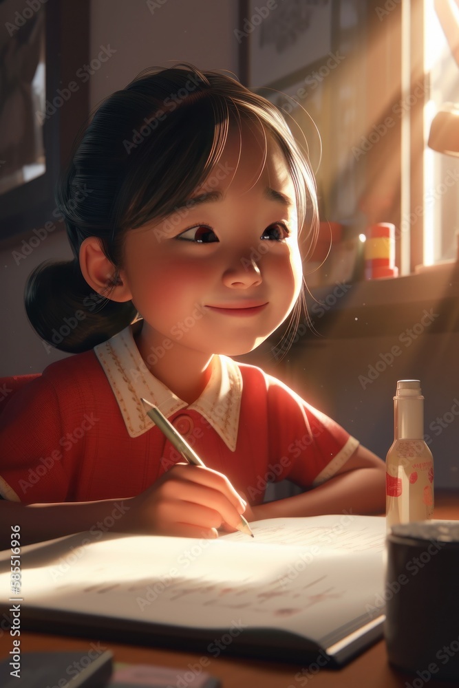 create little asian girl sitting desk closeup young writing paper food ...