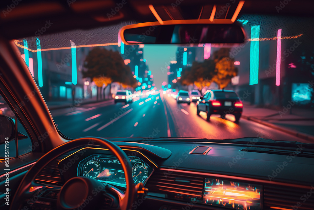 Urban road trip at night, city lights, neon colors. View from driver's ...