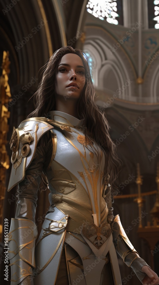 portrait female half angel long brown woman silver armor concept ...