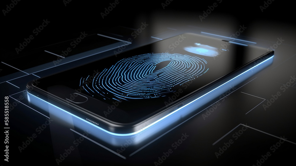 Blue fingerprint scan icon on virtual screen while finger scanning for ...