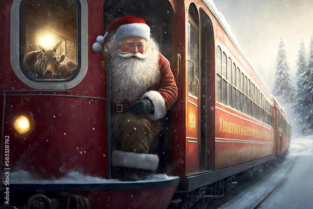 Joyful Santa Claus rides in Polar Express Train, created with ...