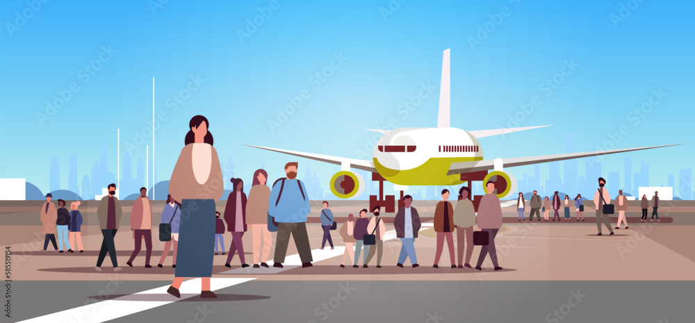 multiethnic people group standing near airplane mix race men women ...
