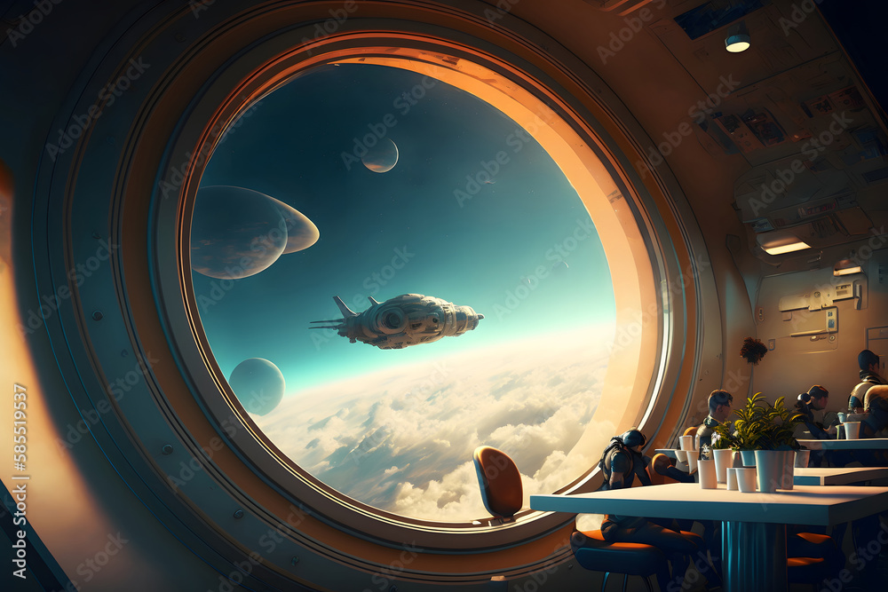 space station cafe interior with large round window with clouds behind ...
