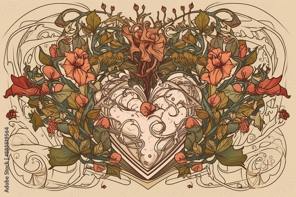 heart with leaves and flowers inside of it with mucha and art nouveau ...