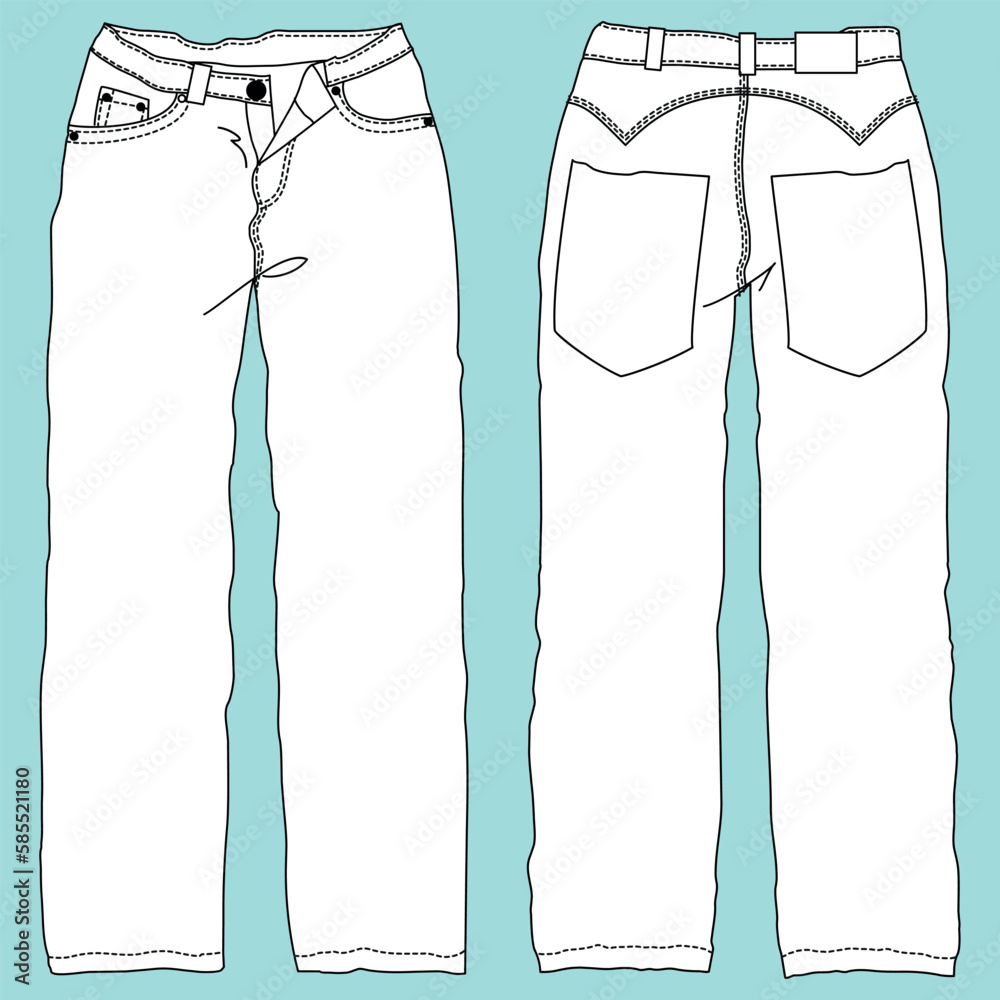 Technical fashion illustration Unisex denim pants with technical ...